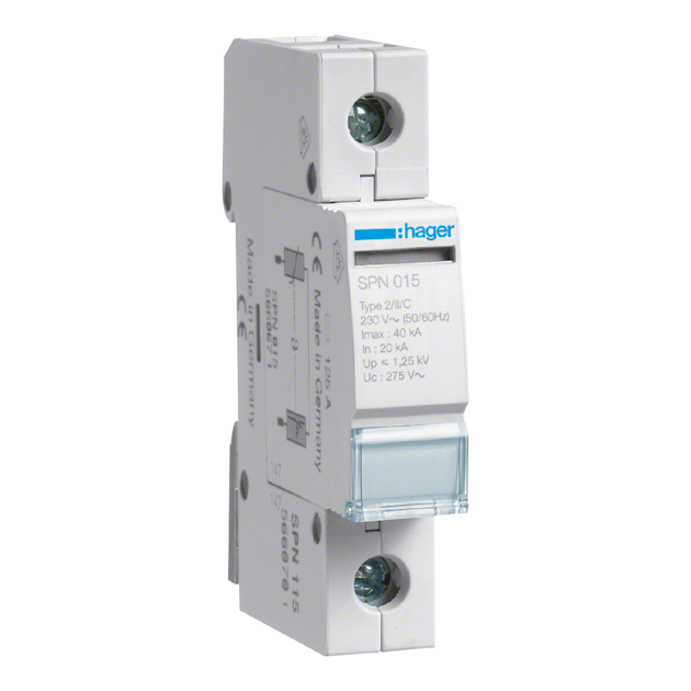 HAGER SURGE ARRESTER FOR LV-NETWORK SPN115 1P 2/C/T2 1.25kV | Surge ...
