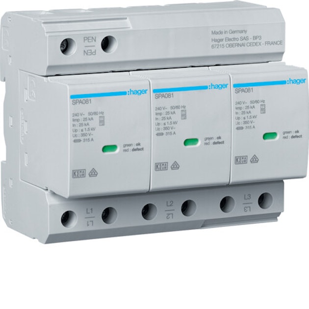 HAGER SURGE ARRESTOR SPA800 3P T1+T2 1.5KV 75KA AUX | Surge Protection ...