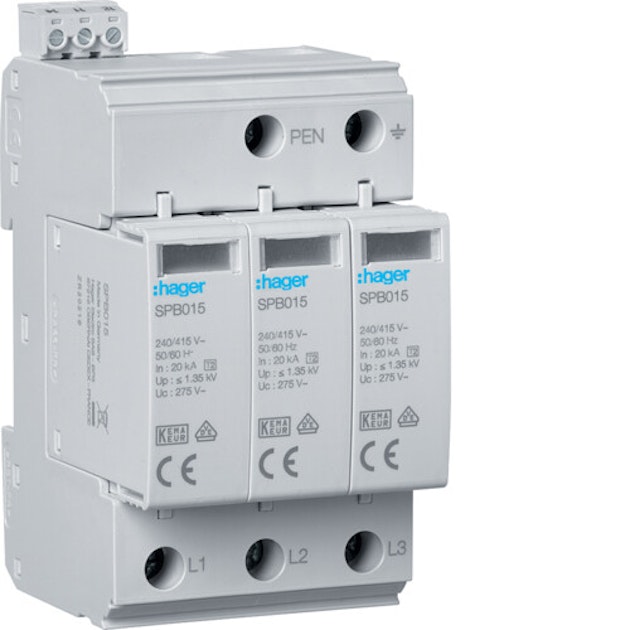 HAGER SURGE ARRESTOR SPB315 3P T2 TNC 1.35KV 20KA | Surge Protection ...