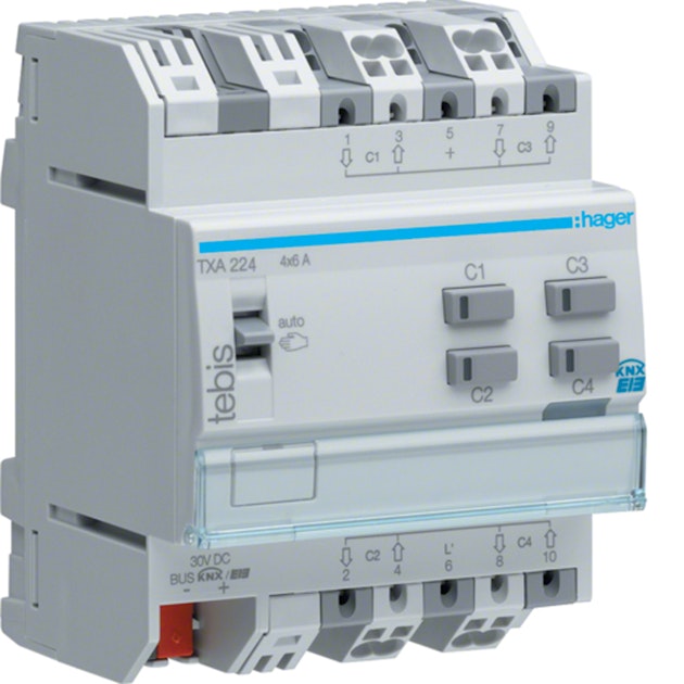HAGER SHUTTER OUTPUT KNX TXA225 4X6A 24VDC S T DIN | Installation Bus ...