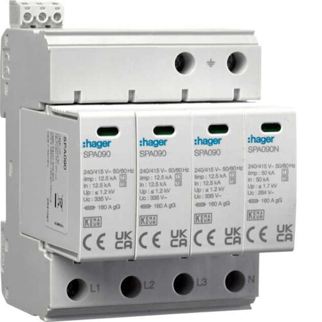 HAGER SURGE ARRESTOR MOV SPA931 4P T1+T2 1.2KV 50KA AUX | Surge ...